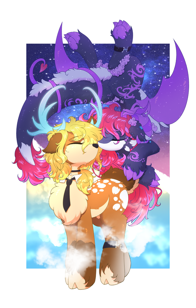 #3231811 - safe, artist:焰心fireworks, oc, oc:夕霞•焰心, oc:晨辉•焰心, deer, deer pony, dracony, dragon ...