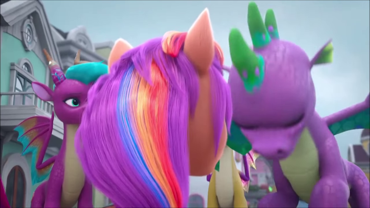 #3247398 - safe, screencap, blaize skysong, luxxe, spike, sunny starscout, dragon, earth pony ...