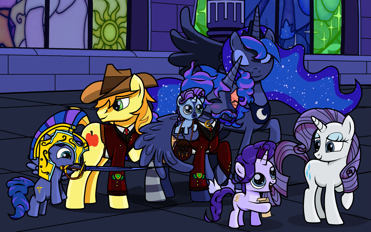 #3249424 - safe, artist:objectyu, braeburn, princess luna, rarity, oc, oc:artemis cinaed, oc ...