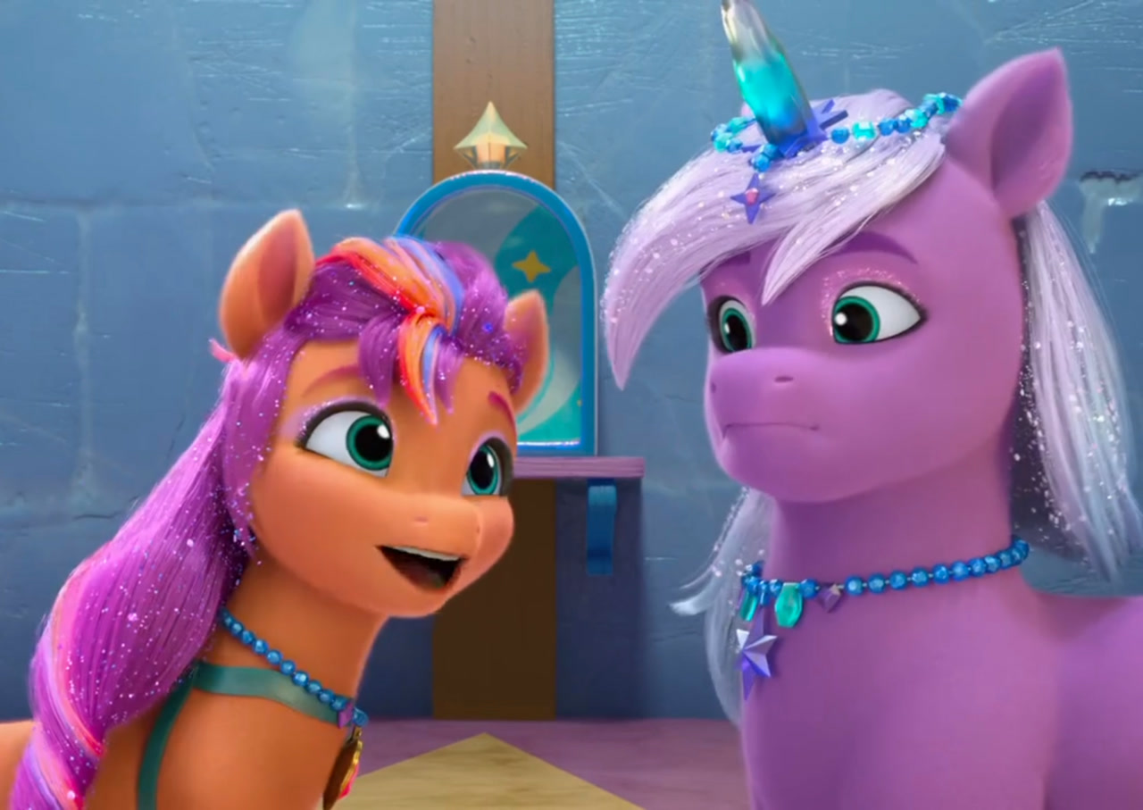 #3265431 - safe, screencap, sunny starscout, violet frost, auroricorn, earth pony, pony, g5, my ...