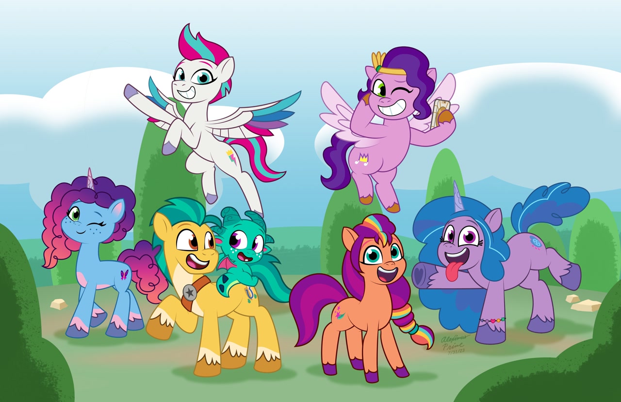 #3255314 - safe, artist:aleximusprime, hitch trailblazer, izzy moonbow, misty brightdawn, pipp ...