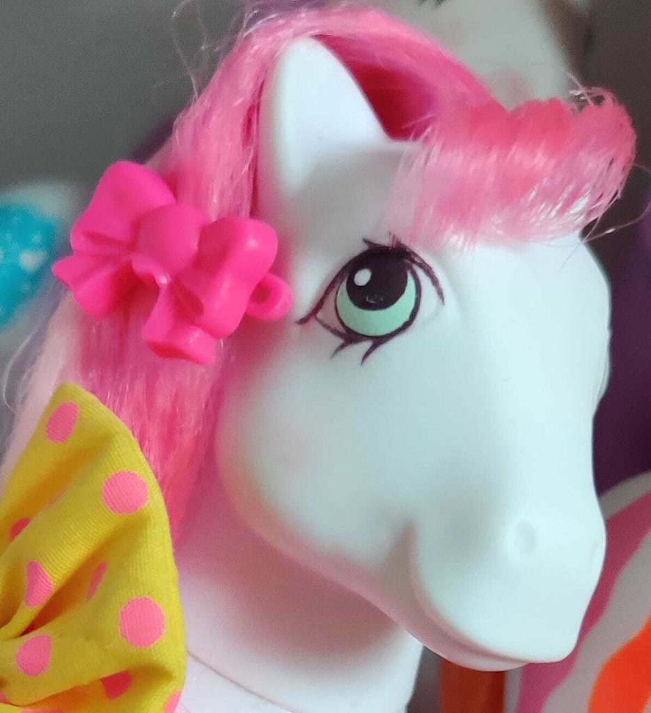 #3044966 - safe, ringlets (great hair pony), earth pony, pony, g1, bow, bust, female, great hair ...