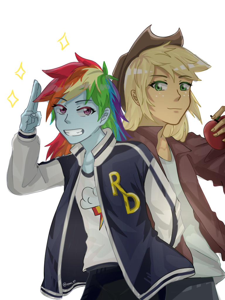 #3048141 - safe, artist:mintkw, applejack, rainbow dash, human, g4 ...