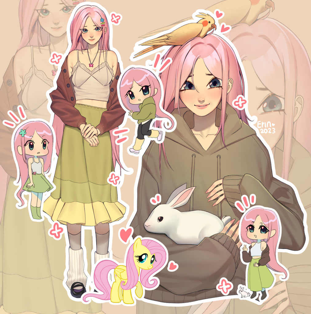 #3048456 - safe, artist:erinartista, angel bunny, fluttershy, bird ...