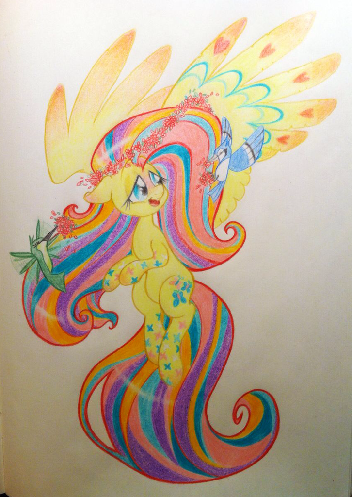 #3050503 - safe, artist:kluzart, fluttershy, bird, blue jay ...