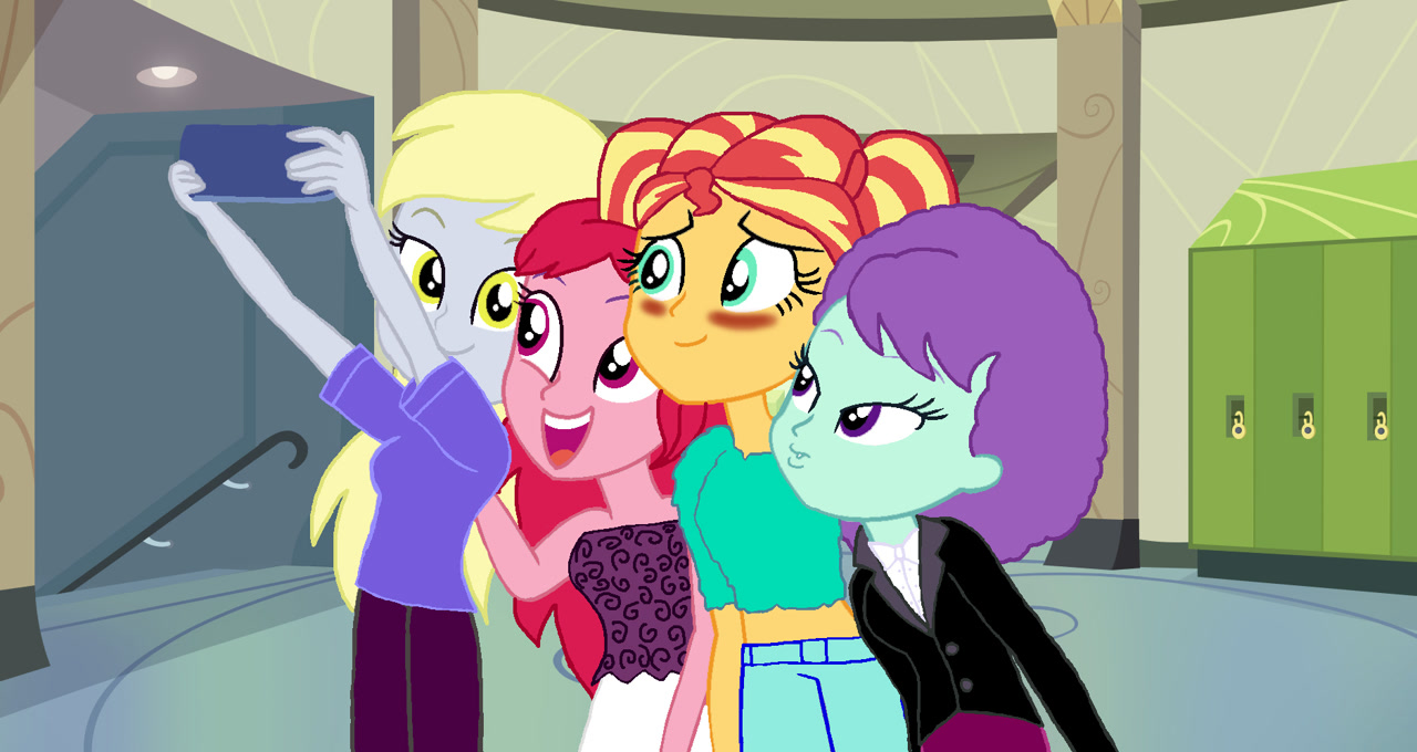 #3054656 - safe, artist:bigpurplemuppet99, blueberry pie, derpy hooves, raspberry fluff, sunset ...