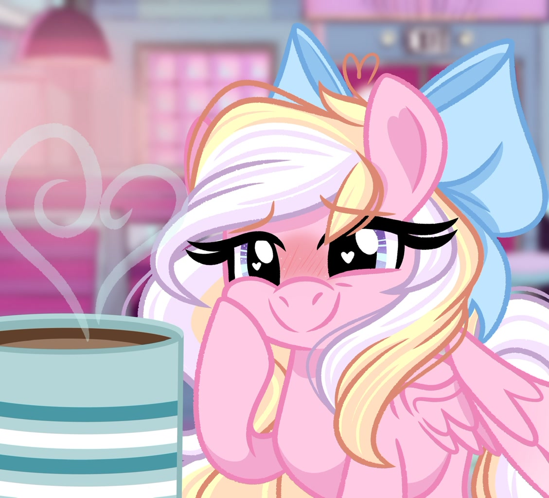 #3041697 - safe, artist:emberslament, oc, oc only, oc:bay breeze, pegasus, pony, bow, coffee ...