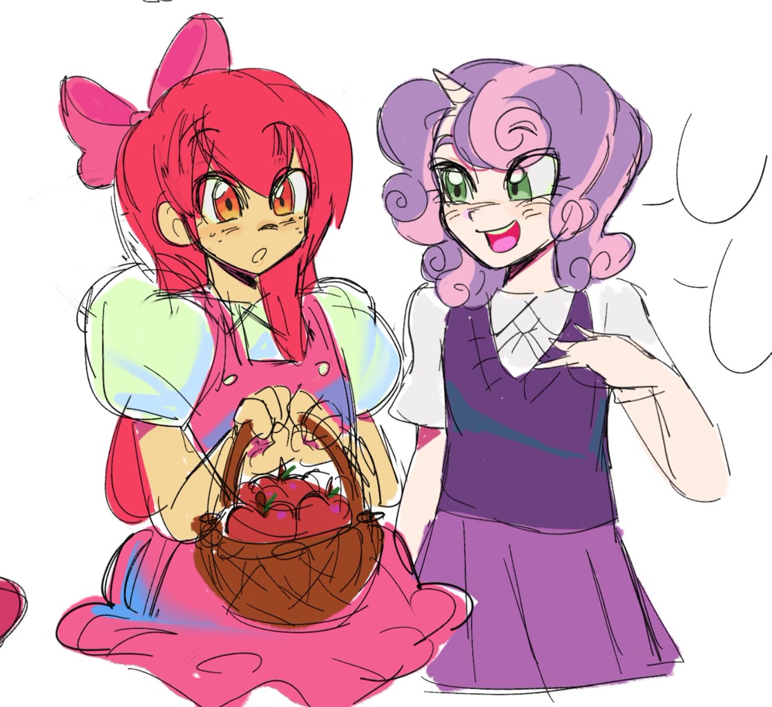 #3062806 - safe, artist:darkzombiez, apple bloom, sweetie belle, human, unicorn, bow, clothes ...