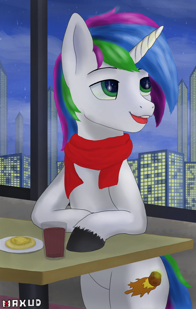 #3063071 - safe, artist:maxud, oc, oc only, pony, unicorn, city, clothes, horn, scarf, solo ...