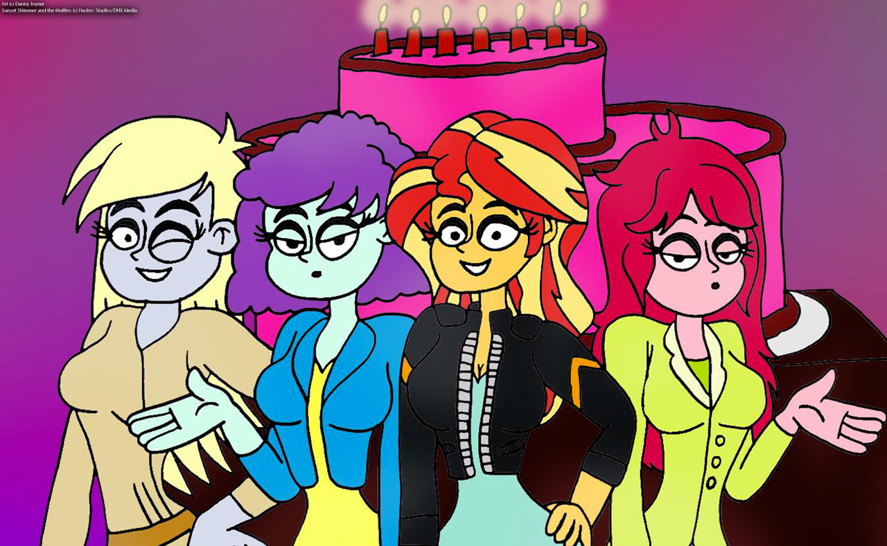 #3070463 - safe, artist:rdj1995, blueberry pie, derpy hooves, raspberry fluff, sunset shimmer ...