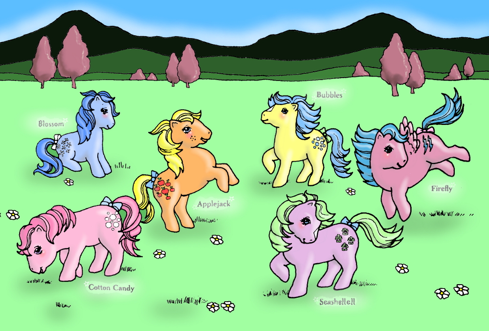 #3072347 - safe, artist:noelle23, applejack (g1), blossom, bubbles (g1 ...