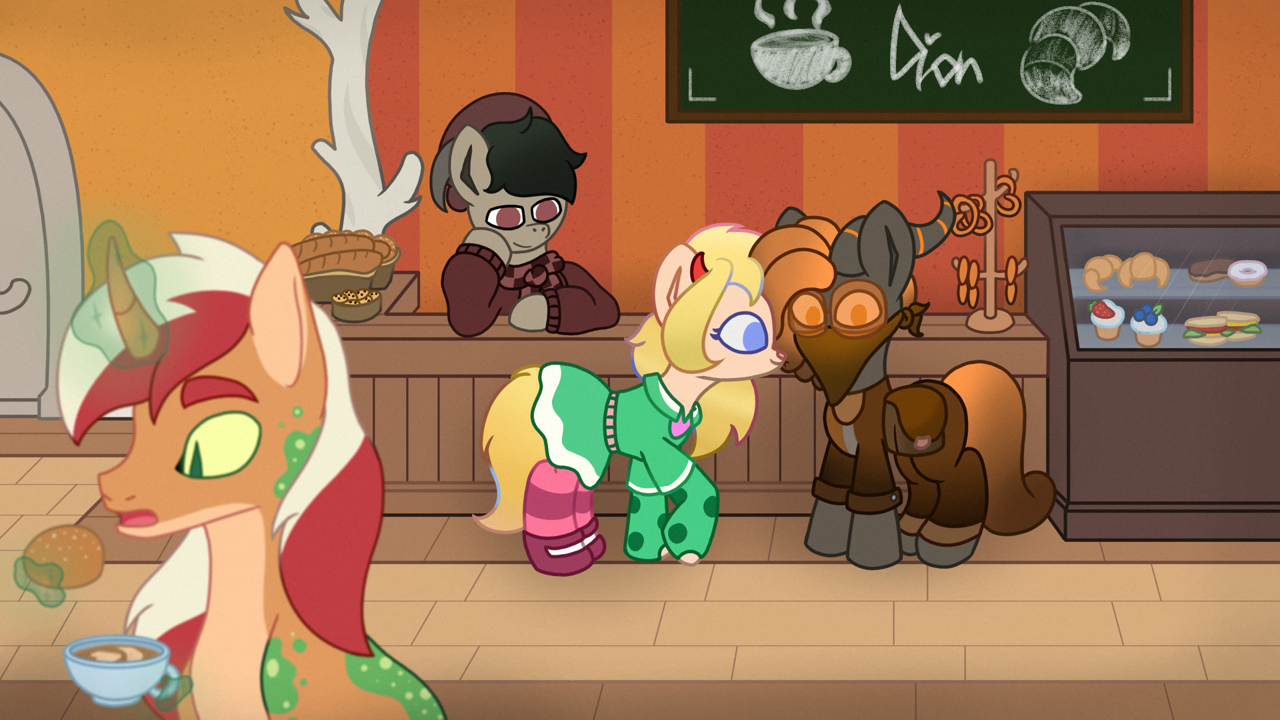 #3057002 - safe, artist:imlpidimon, oc, pegasus, pony, unicorn, bakery ...