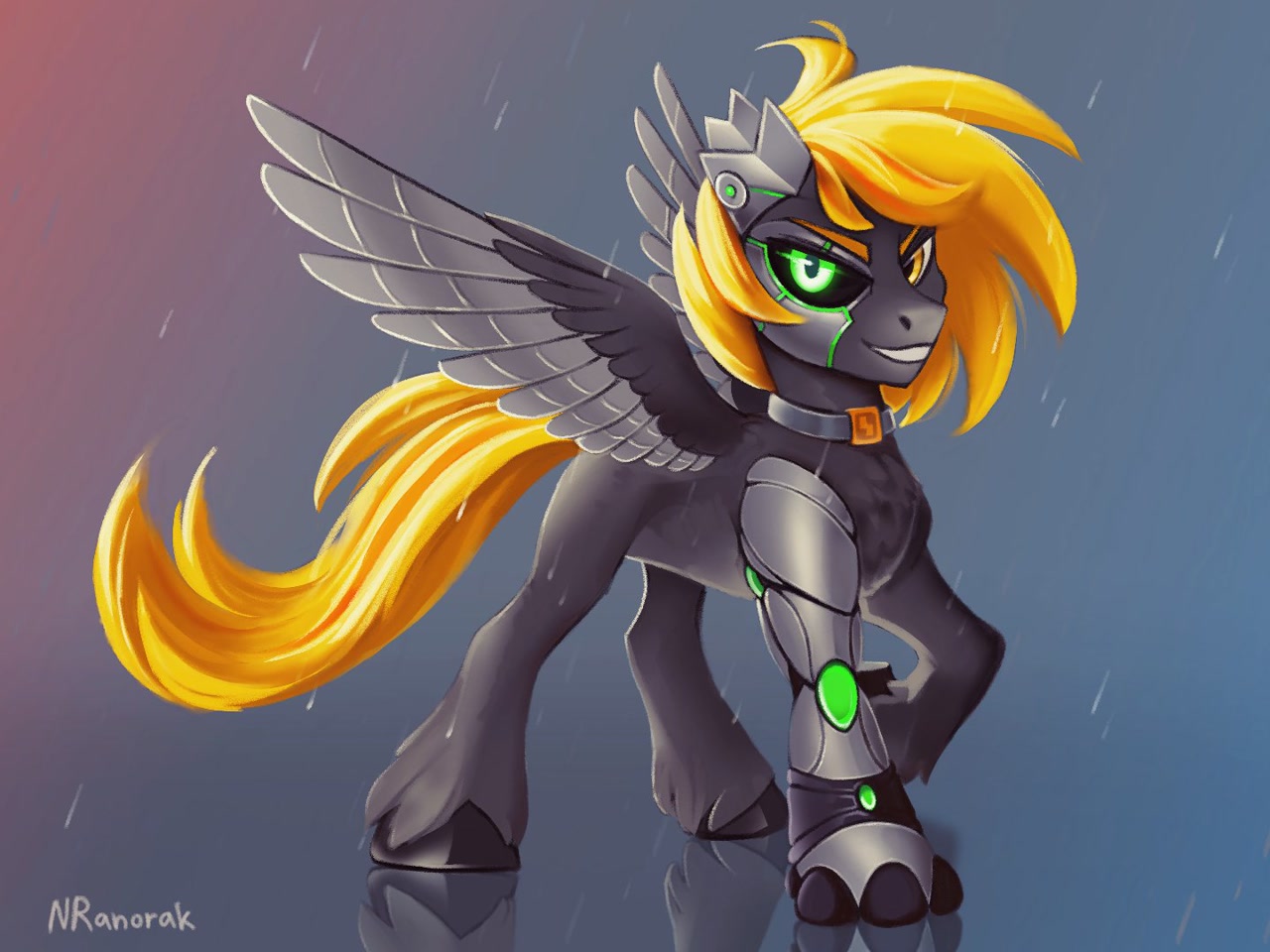 #3075658 - safe, artist:anoraknr, oc, oc only, cyborg, pegasus, rain ...