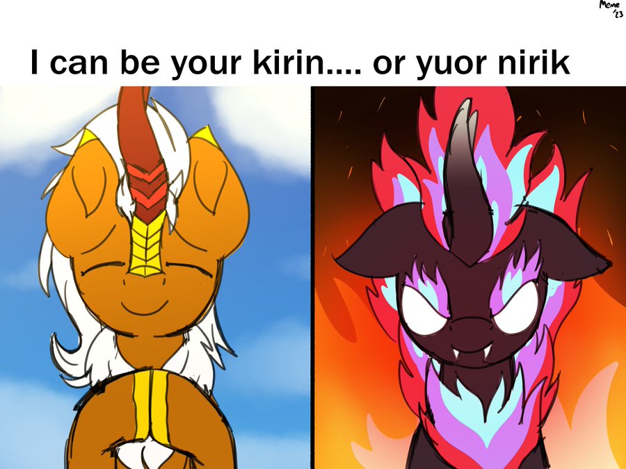 #3077669 - safe, artist:memeancholy, oc, oc only, oc:verdant pyre, kirin, nirik, 2 panel comic ...