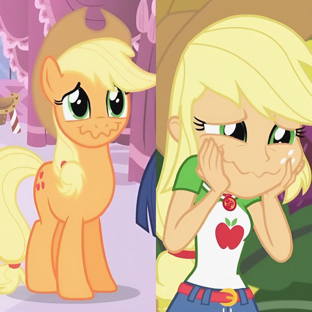 #3108552 - safe, edit, edited screencap, screencap, applejack, earth pony, human, pony ...