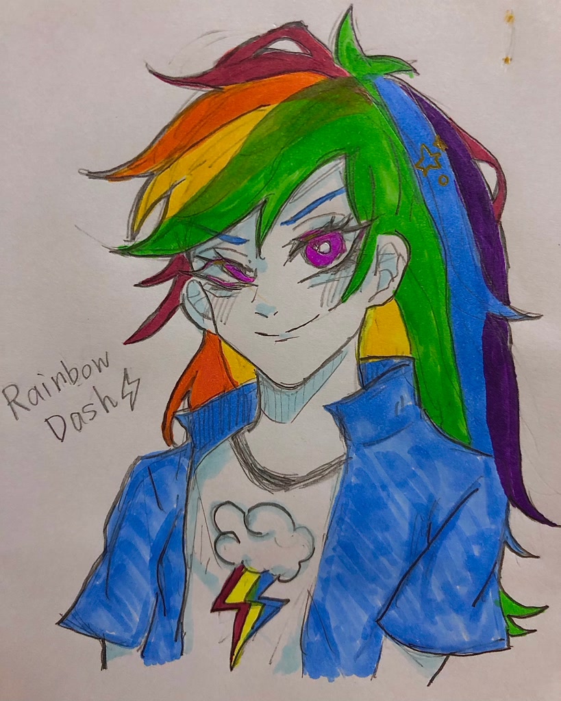 #3079308 - safe, artist:mint____choco, rainbow dash, equestria girls, one eye closed, solo, wink ...