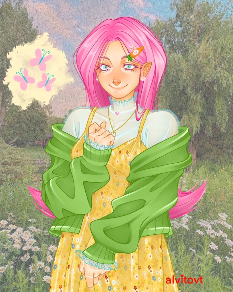 #3080322 - safe, artist:okidokisir, fluttershy, human, clothes, dress ...