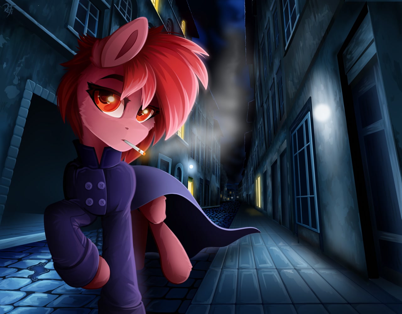 #3080484 - safe, artist:rainbowfire, oc, oc only, pony, cigarette, city ...