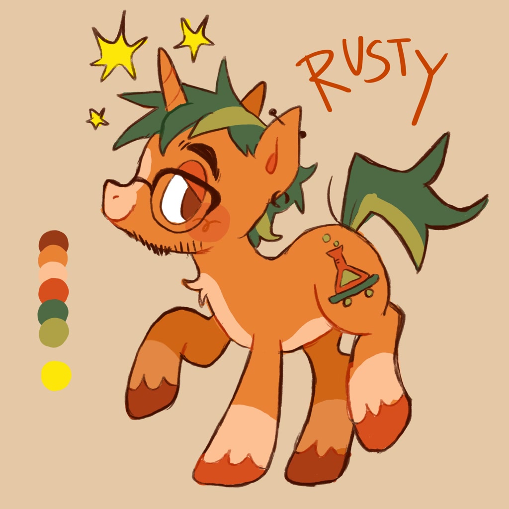 #3086452 - safe, artist:alexbeeza, oc, oc only, oc:rusty, pony, unicorn, blaze (coat marking ...
