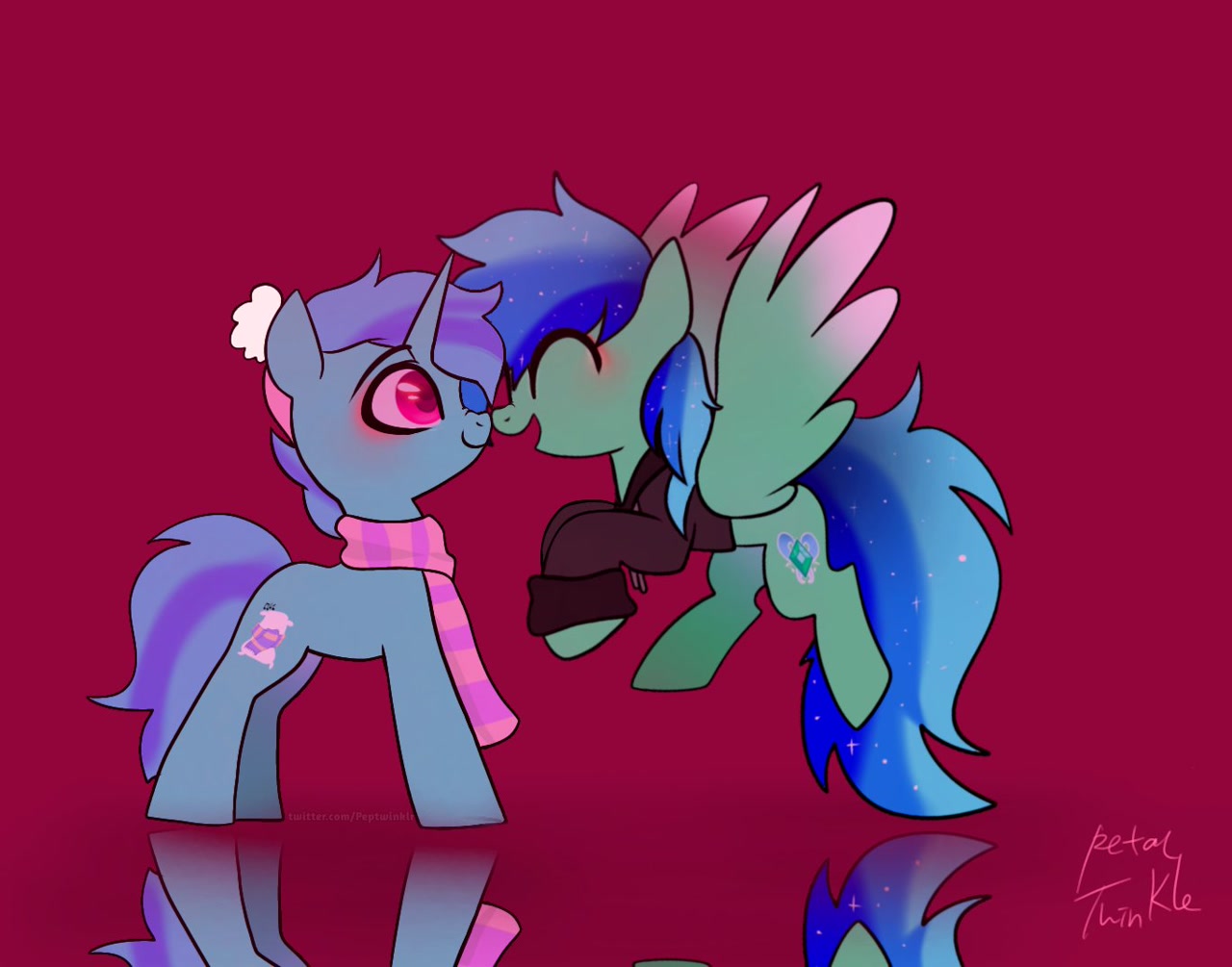 #3088140 - safe, artist:petaltwinkle, oc, oc only, pegasus, pony, unicorn, boop, clothes, duo ...