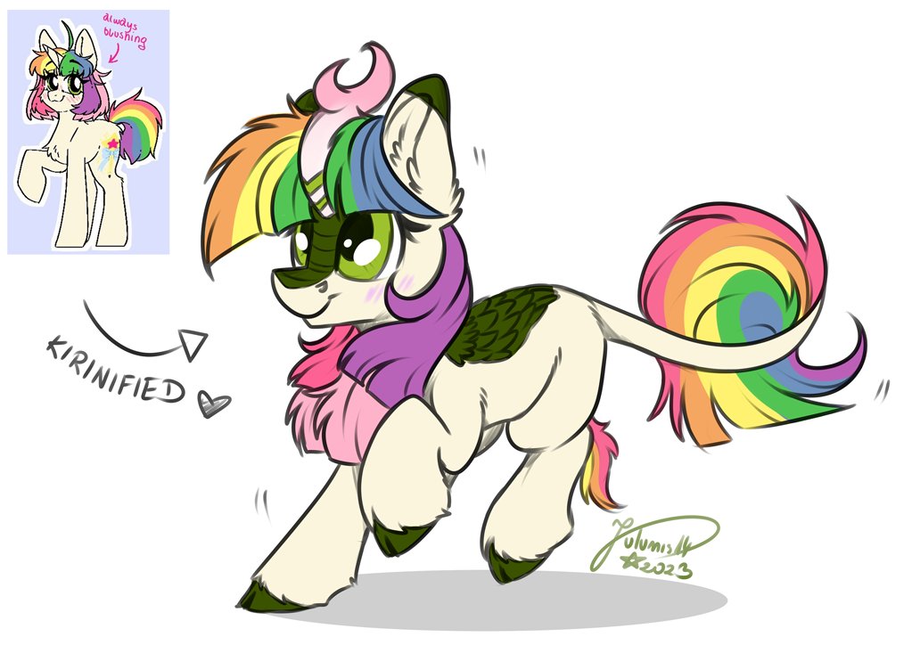 #3088797 - safe, artist:julunis14, oc, oc only, oc:kadus, kirin, blushing, cloven hooves, ear ...