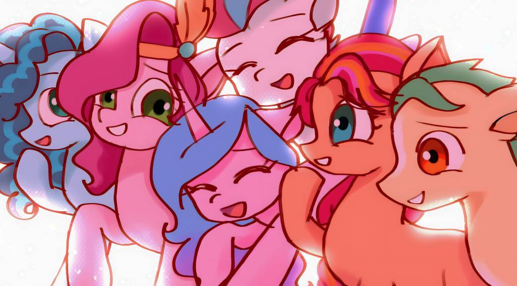 #3088816 - safe, artist:jaanhavi, hitch trailblazer, izzy moonbow, misty brightdawn, pipp petals ...