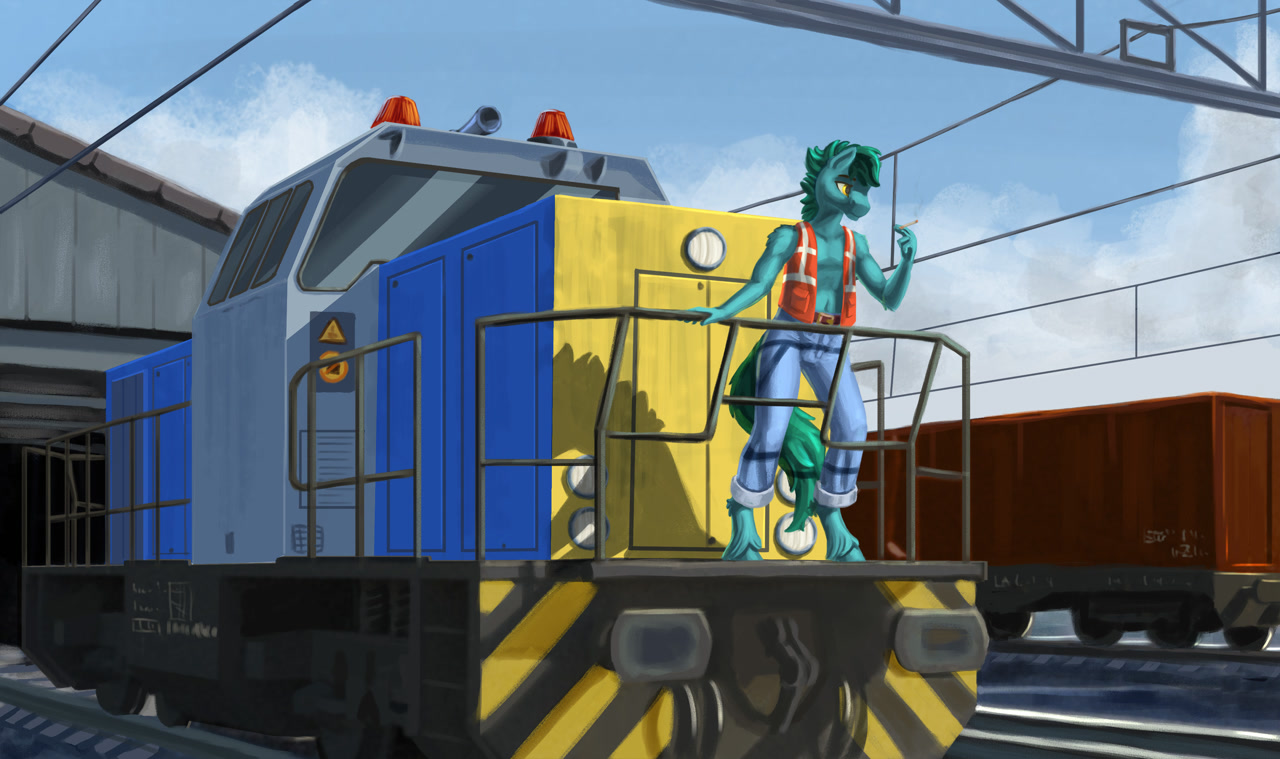 #3090075 - safe, artist:kirillk, oc, oc only, anthro, solo, train ...
