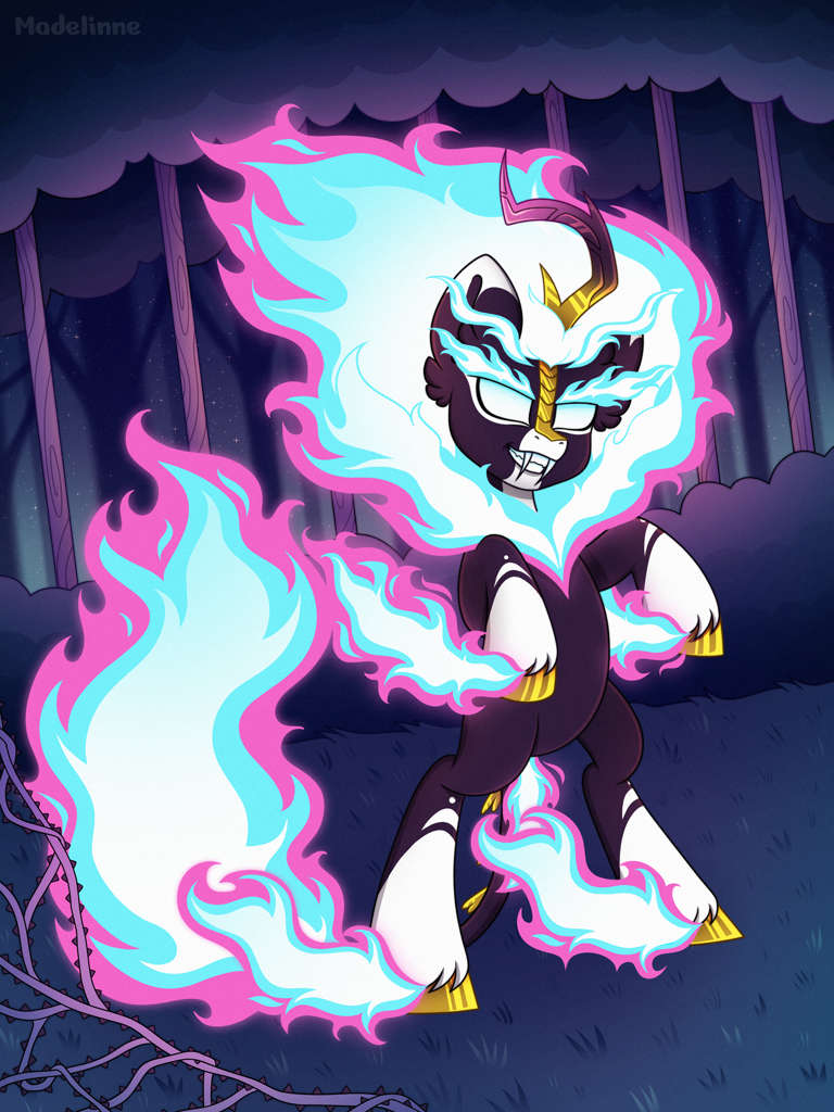 #3091169 - safe, artist:madelinne, oc, oc only, kirin, nirik, angry, fire, forest, kirin oc ...