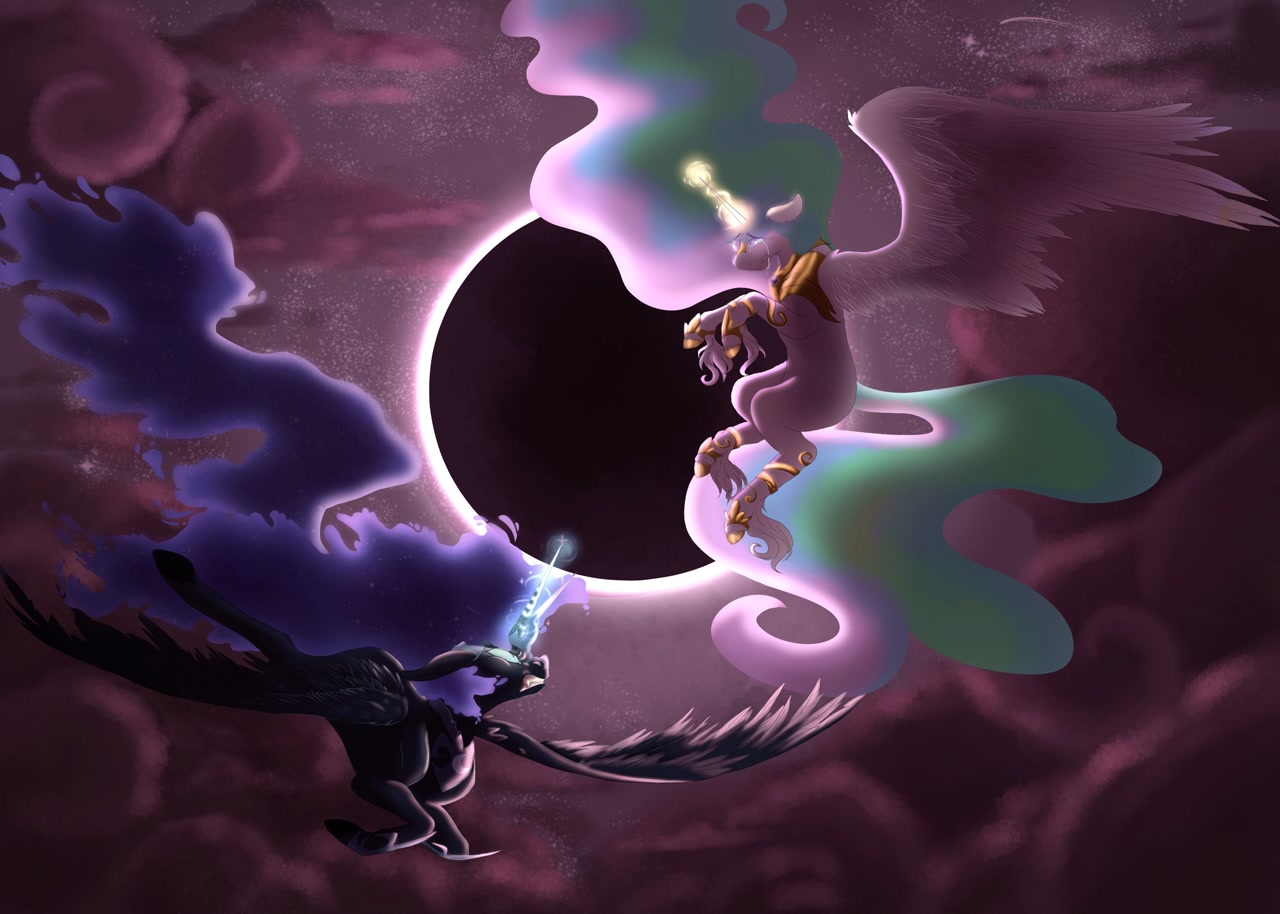 #3094118 - safe, artist:jezebel_remedy, nightmare moon, princess celestia, pony, g4, angry ...