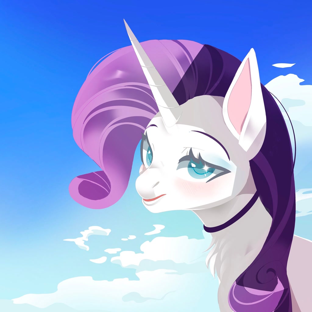 #3094419 - safe, artist:irusumau, rarity, pony, unicorn, g4, bust, cloud, high res, sky, solo ...