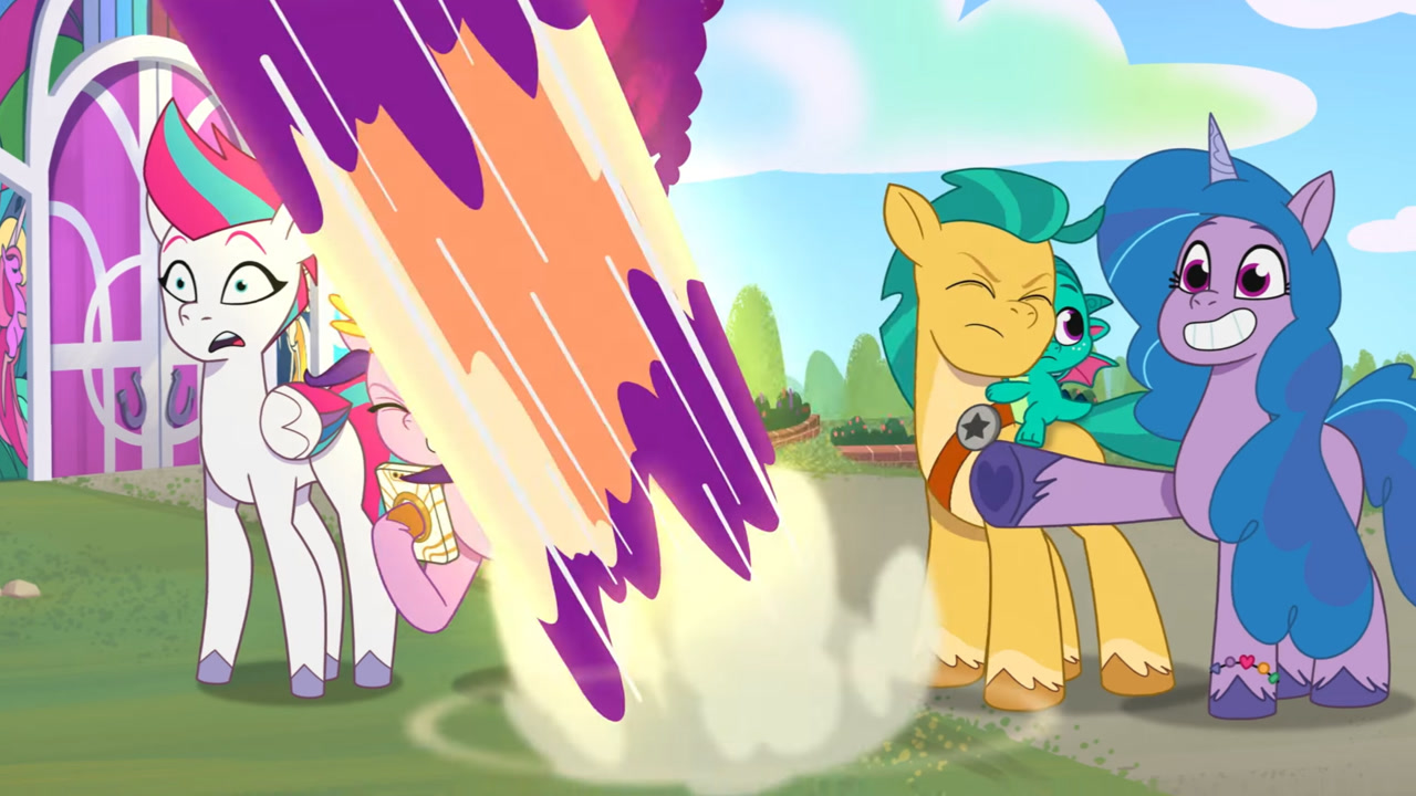 #3102827 - safe, screencap, hitch trailblazer, izzy moonbow, pipp petals, sparky sparkeroni ...