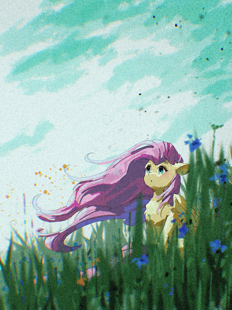 #3122790 - safe, artist:lendftcn, fluttershy, pegasus, pony, g4, female, film grain, grass ...