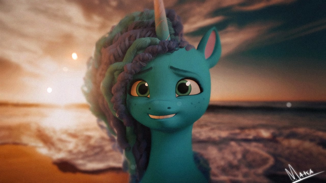 #3124650 - safe, artist:makaryo, misty brightdawn, pony, unicorn, g5, 3d, beach, ocean, sunset ...