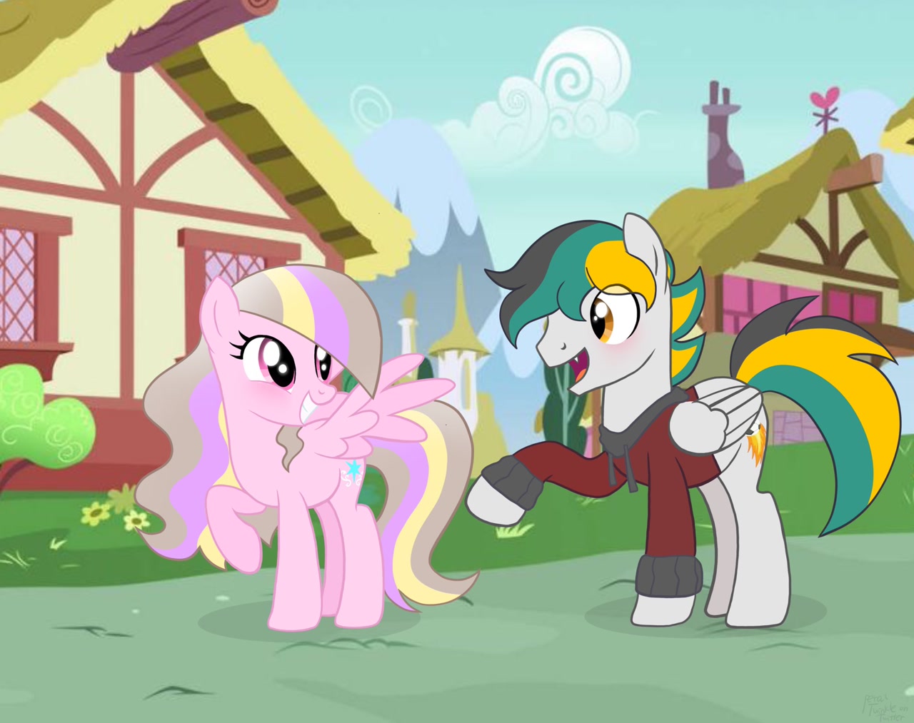 #3133128 - safe, artist:petaltwinkle, oc, oc only, oc:petal twinkle, pegasus, pony, clothes, duo ...