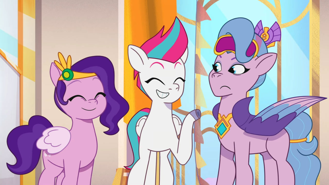 #3119346 - safe, screencap, pipp petals, queen haven, zipp storm, pegasus, pony, g5, mare family ...