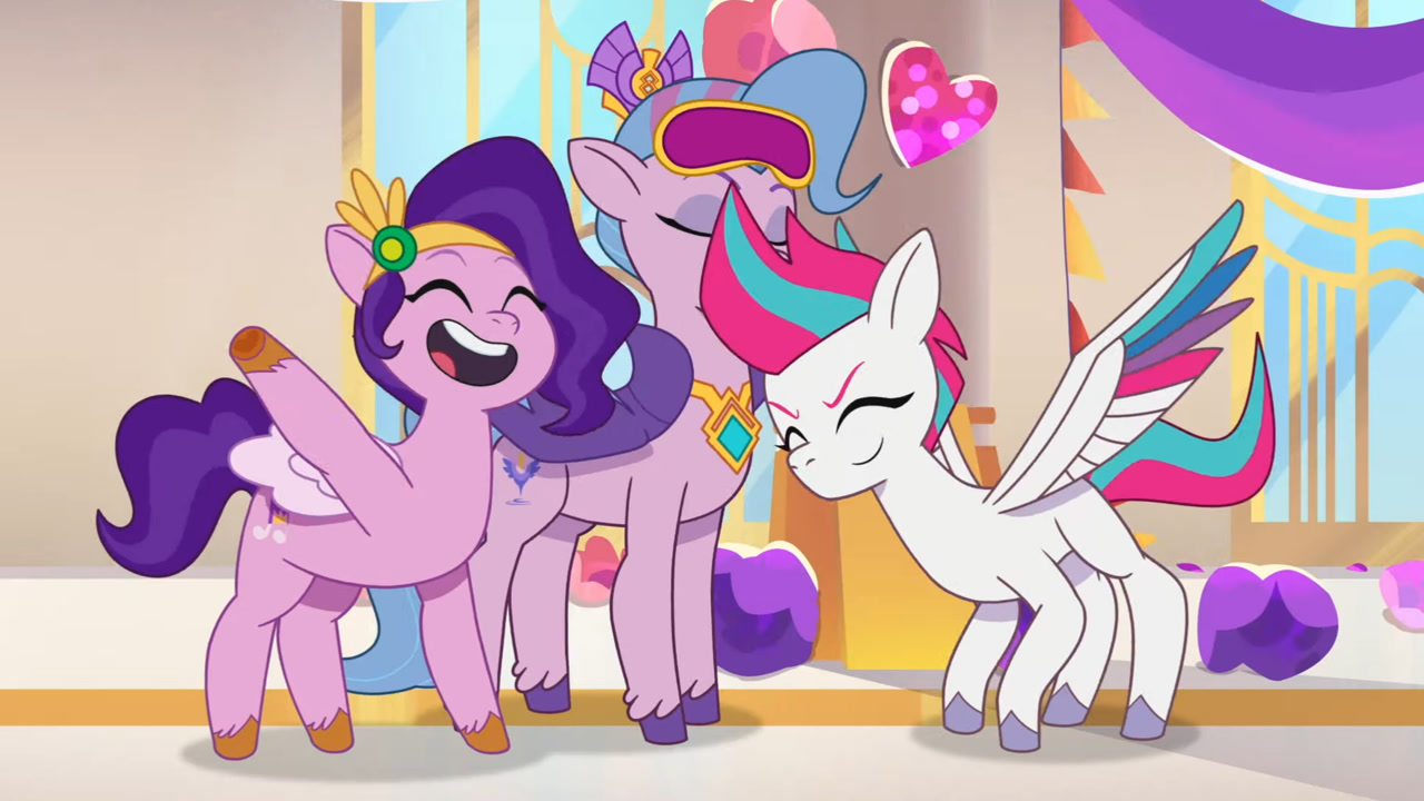 #3119780 - safe, screencap, pipp petals, queen haven, zipp storm, pegasus, pony, g5, mare family ...