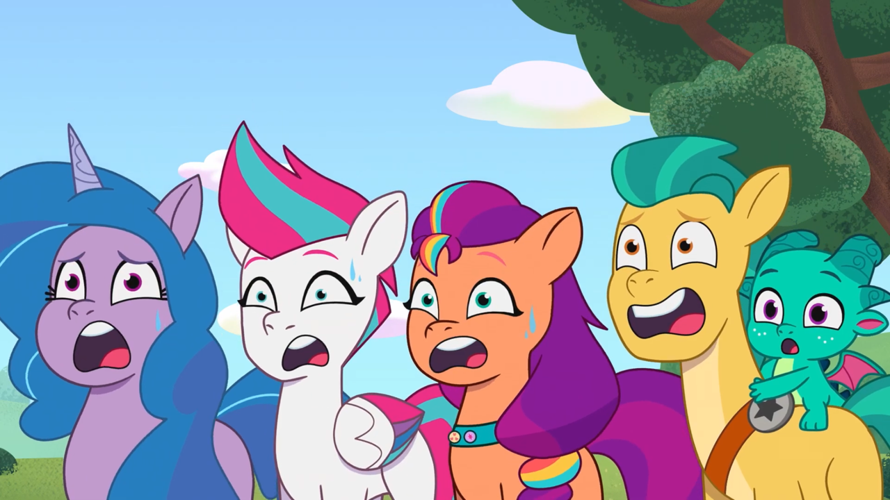 #3122189 - safe, screencap, hitch trailblazer, izzy moonbow, sparky sparkeroni, sunny starscout ...