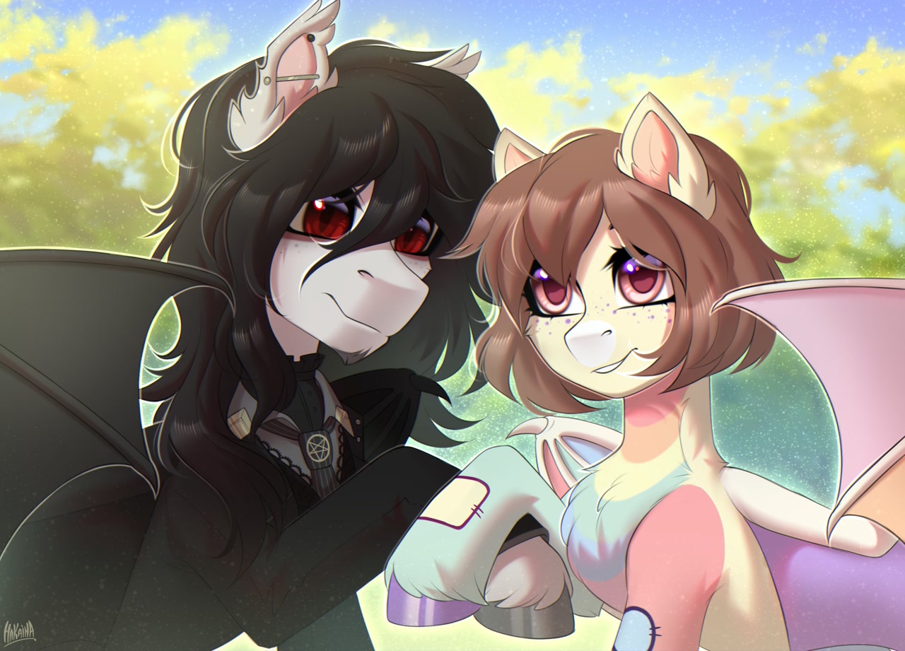 #3122276 - safe, artist:hakaina, oc, oc only, bat pony, pony, bat pony oc, clothes, duo, ear ...