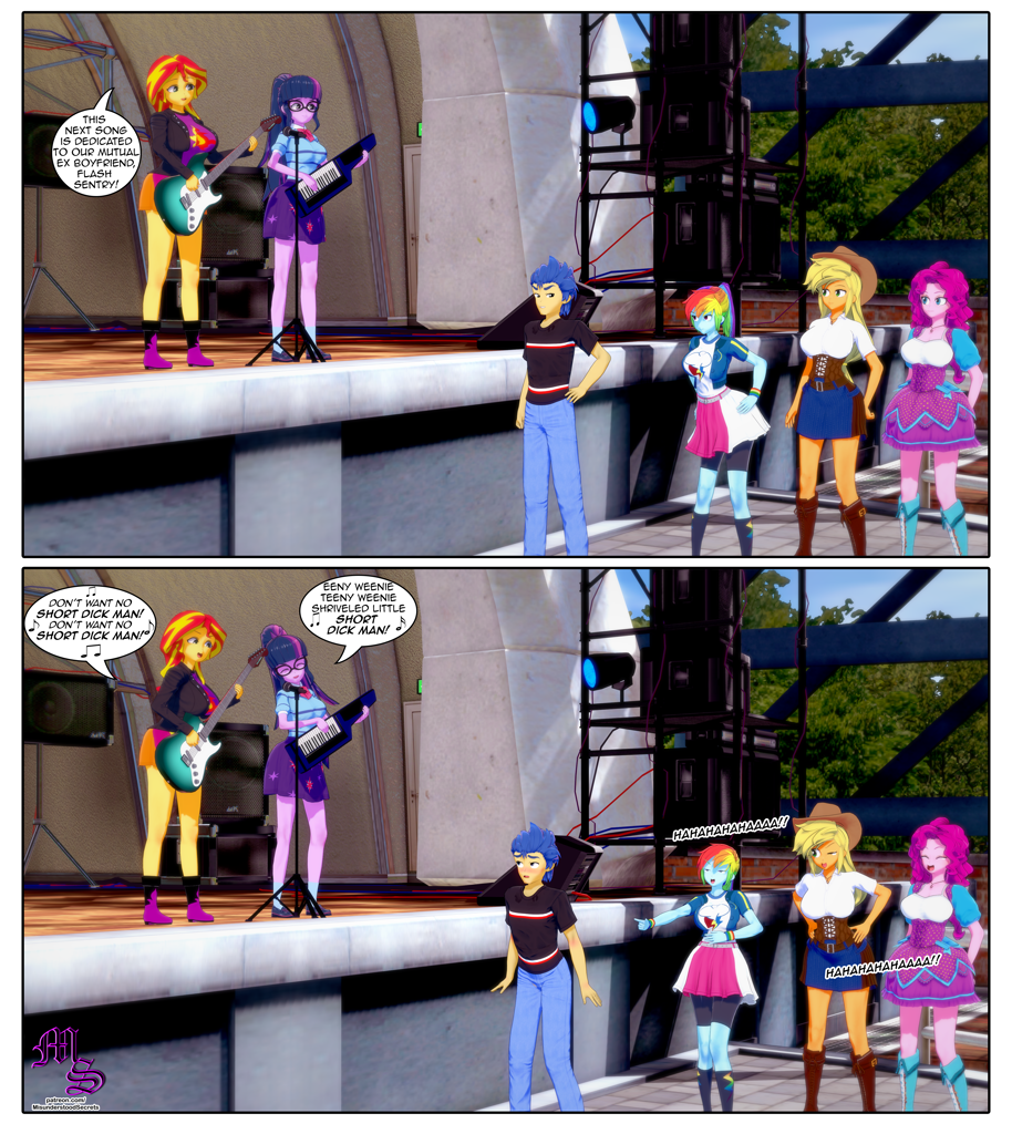 #3135112 - questionable, artist:misunderstoodsecrets, applejack, flash sentry, pinkie pie ...