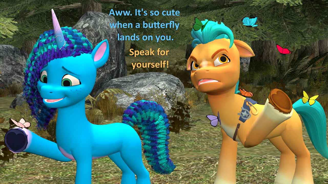 #3142463 - safe, artist:red4567, hitch trailblazer, misty brightdawn, butterfly, earth pony ...