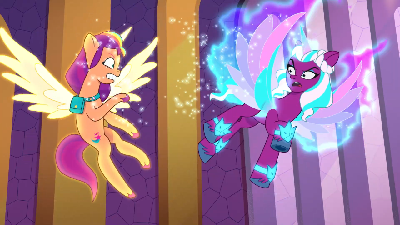 #3143986 - safe, screencap, opaline arcana, sunny starscout, alicorn, pony, g5, i've seen fire ...