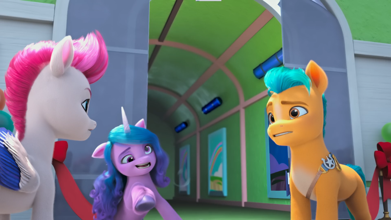 #3148650 - safe, screencap, hitch trailblazer, izzy moonbow, zipp storm, earth pony, pegasus ...