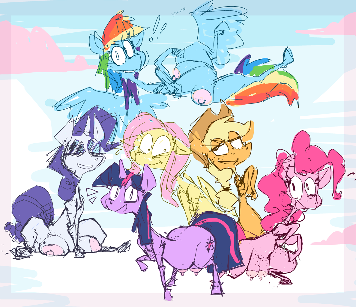 #3160505 - questionable, artist:roksim, applejack, fluttershy, pinkie pie, rainbow dash, rarity ...