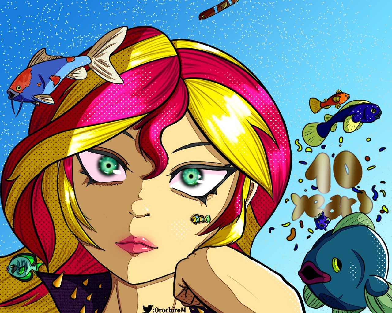 #3167424 - safe, artist:orochirom, sunset shimmer, fish, human, equestria girls, female ...