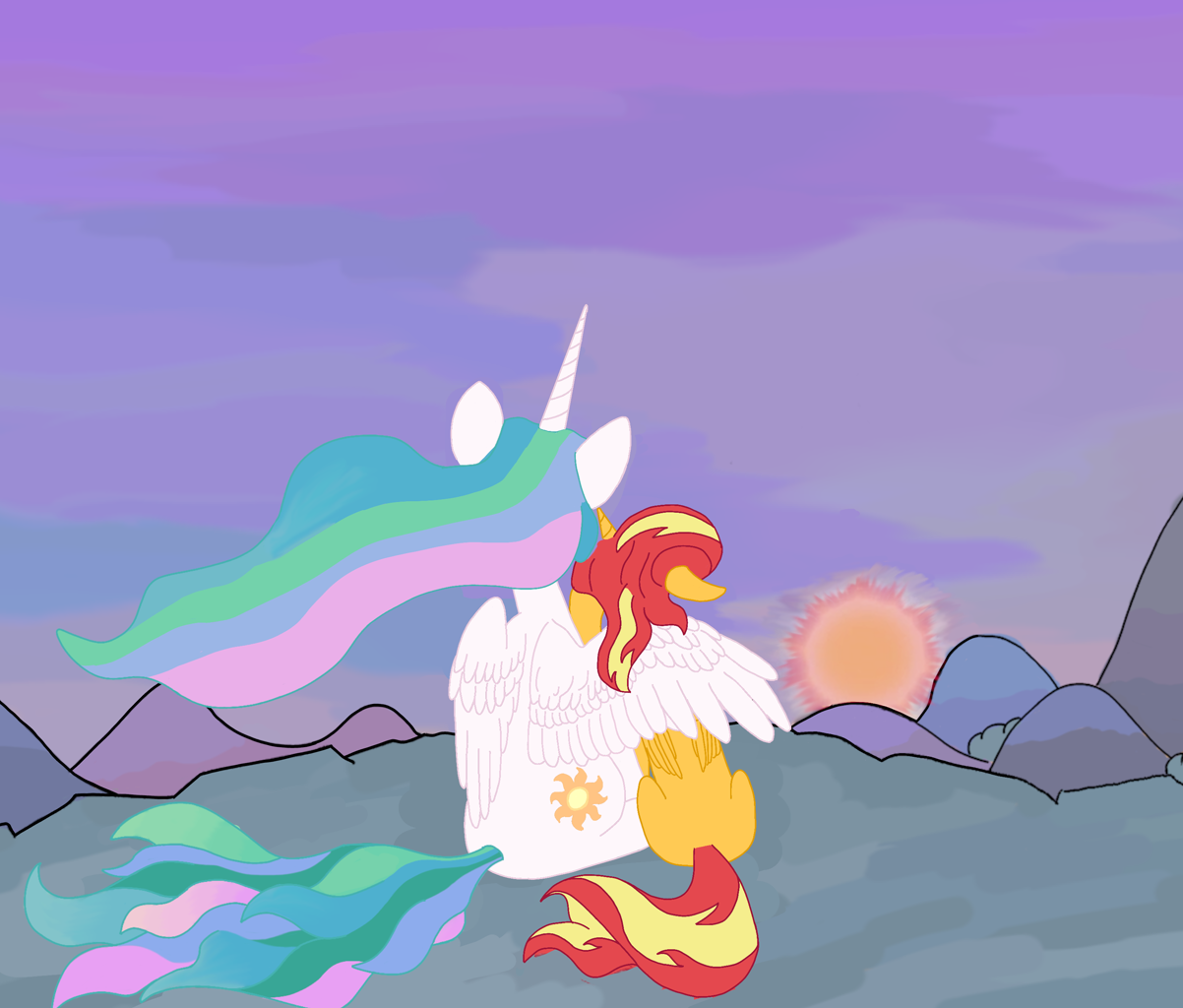 #3156460 - safe, artist:caliperclick, princess celestia, sunset shimmer, alicorn, pony, g4 ...