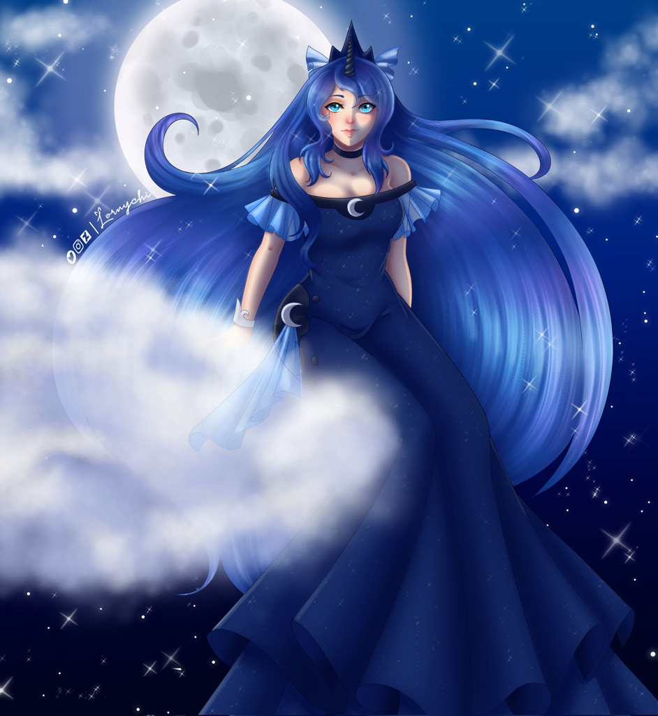 #3156996 - safe, artist:lornychi, princess luna, human, cloud, female ...