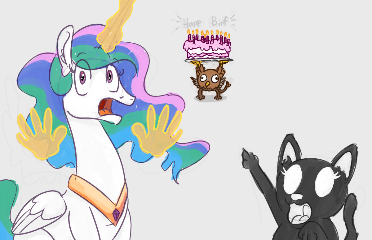 #3181413 - safe, artist:spookitty, princess celestia, oc, oc:gunther steele, oc:spookitty ...