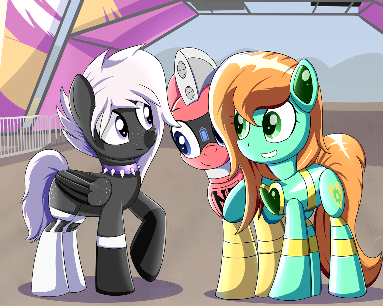 #3190512 - safe, artist:trackheadtherobopony, oc, oc:goldheart, oc:onyxstar (fl), oc:trackhead ...