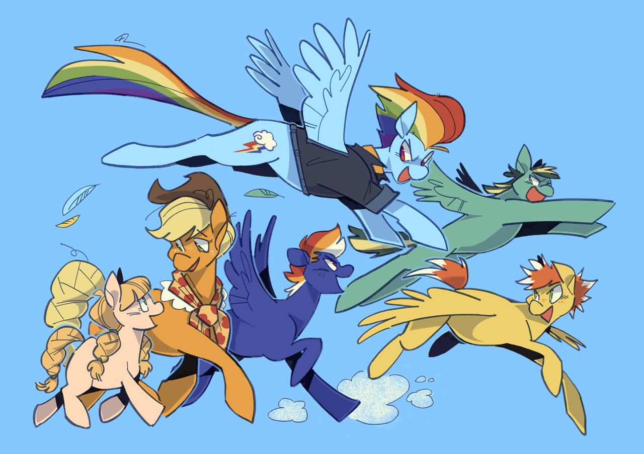 #3197877 - safe, artist:w3lterw8, applejack, rainbow dash, oc, oc:high hopes, oc:pink lady, oc ...