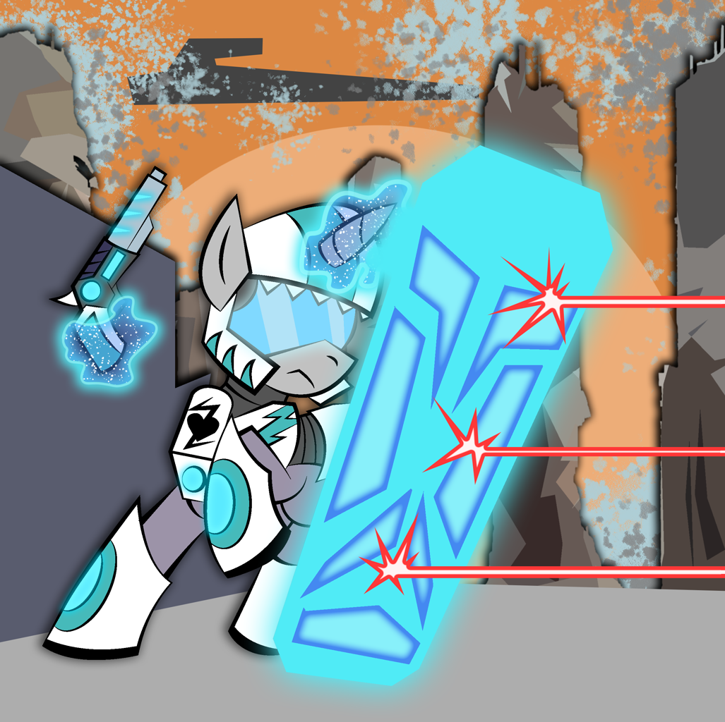 #3198947 - safe, artist:vareb, oc, oc:tango starfall, pony, unicorn, action pose, armor, city ...